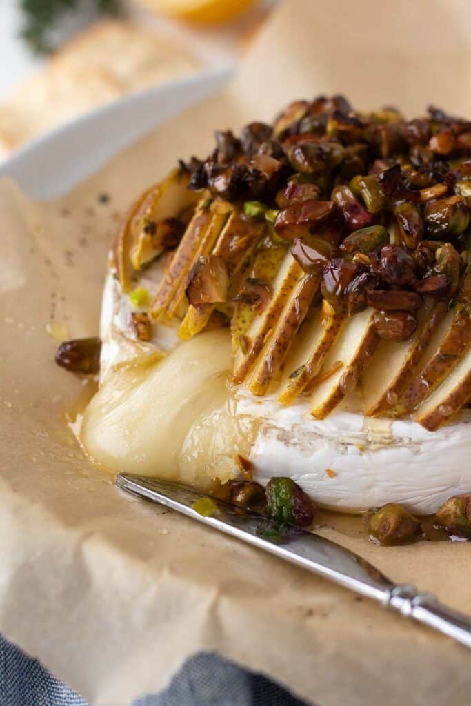 Baked Brie with Pears, Pistachios, and Honey - Cup of Zest