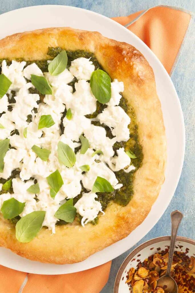 Burrata Pesto Pizza w/ Crispy Garlic Chili Oil - Cup of Zest