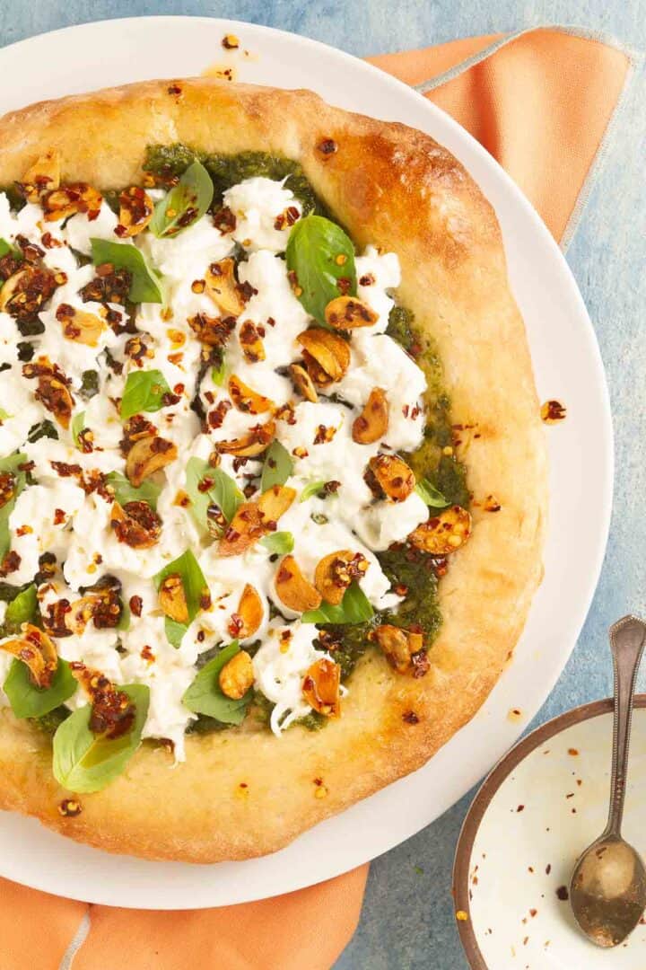 Burrata Pesto Pizza w/ Crispy Garlic Chili Oil - Cup of Zest